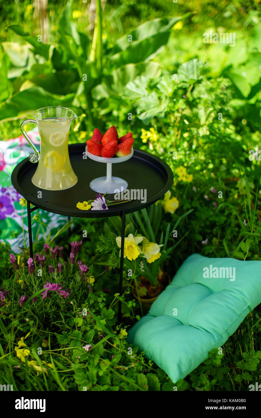 table with strawberries and lemonade in the garden Stock Photo - Alamy