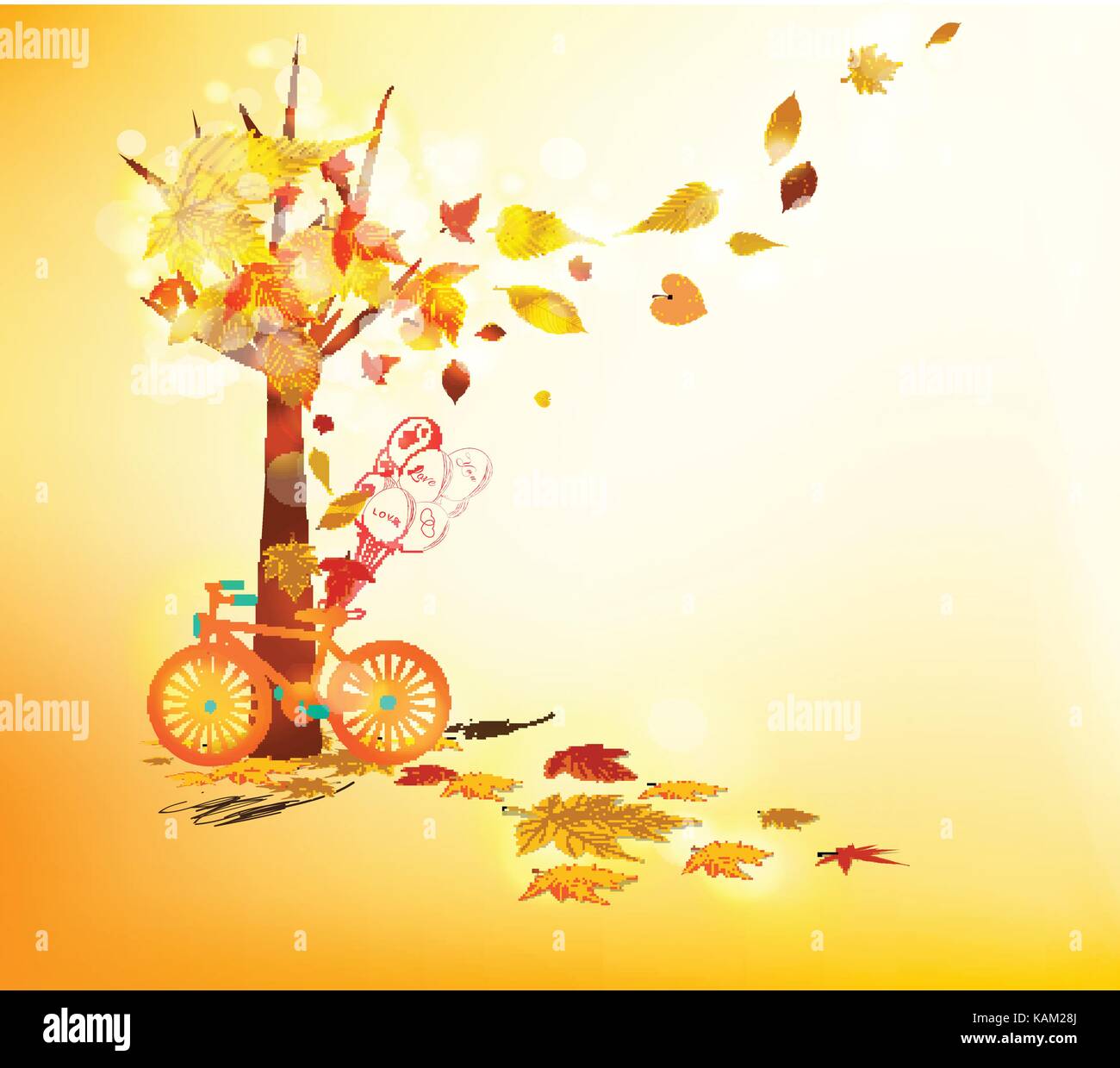 Hello autumn. Hand drawn tintage bicycle with autumn leaves Stock ...