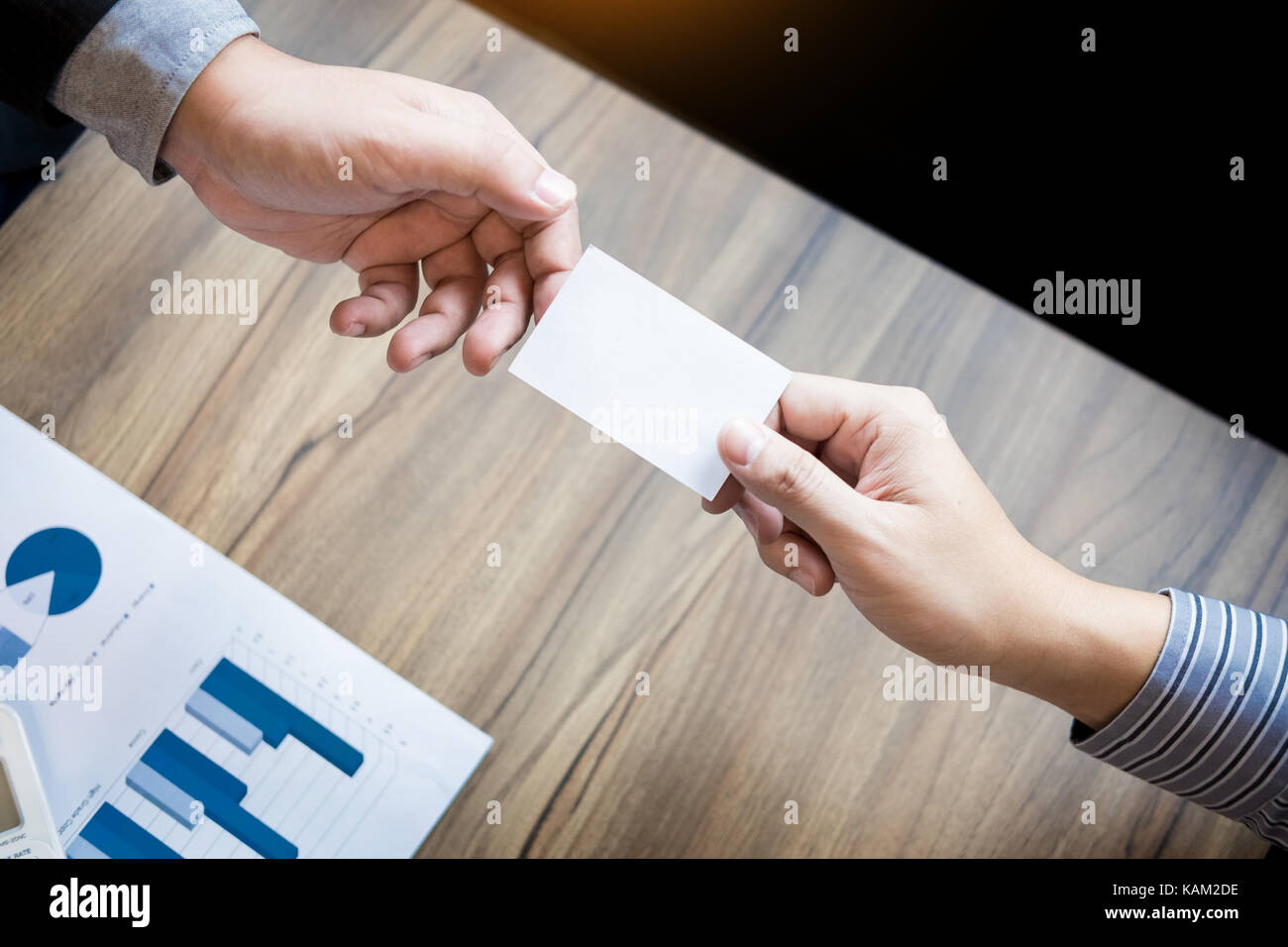 Business executive man exchanging business card for start good ...