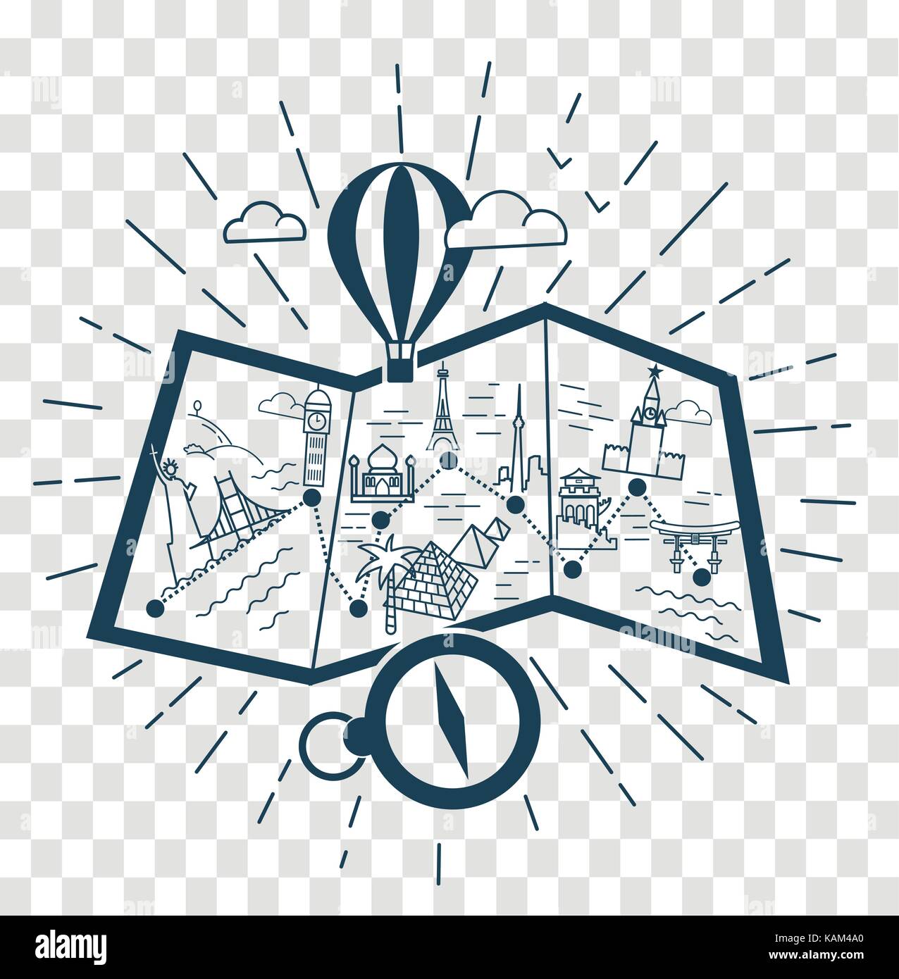 icon travels around the world in the form of a map and a balloon and a ...