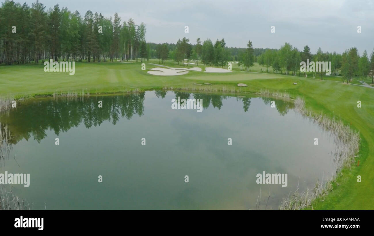 Top view green golf course outdoor green grass field. Aerial view from ...