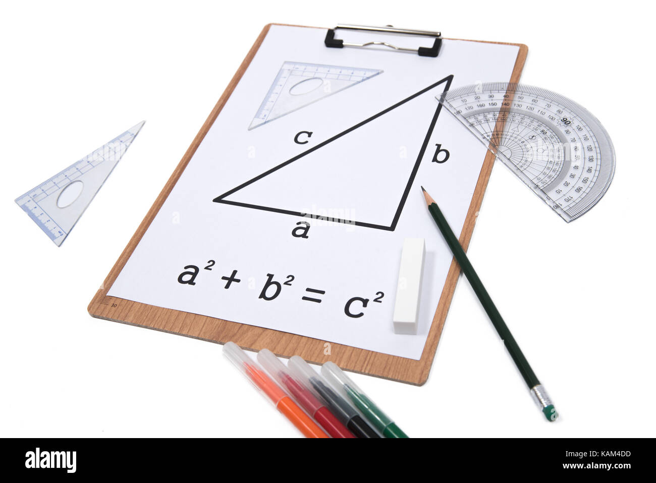 Pythagorean Theorem. Clipboard triangle protractor pencil isolated on ...