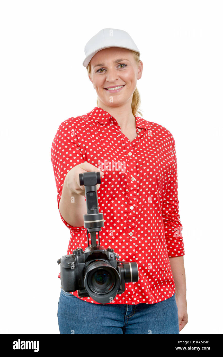 young woman videographer using steady cam Stock Photo - Alamy