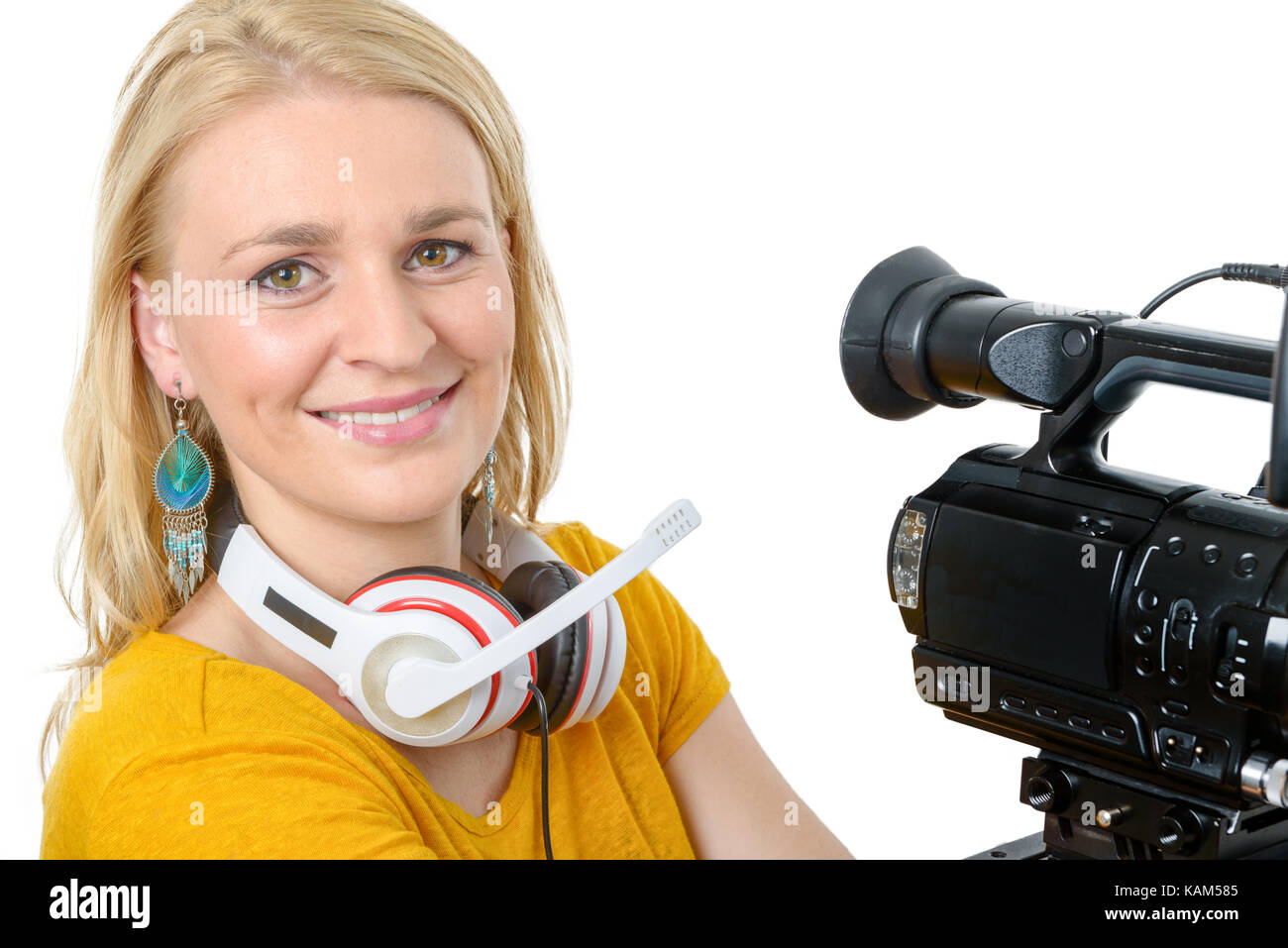 a blond young woman with professional video camera, on white Stock ...