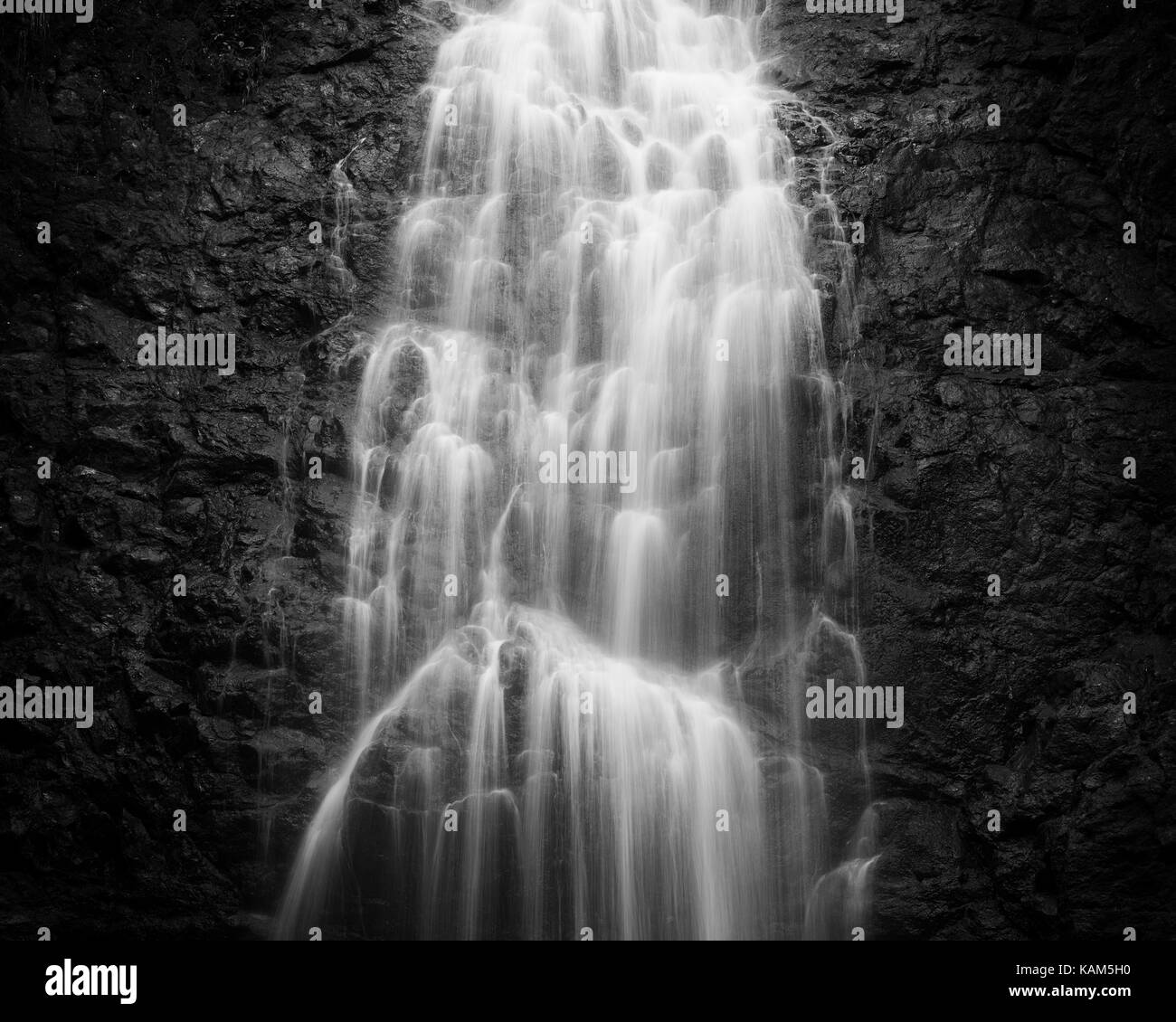 Scenic waterfall in forest flowing Black and White Stock Photos ...