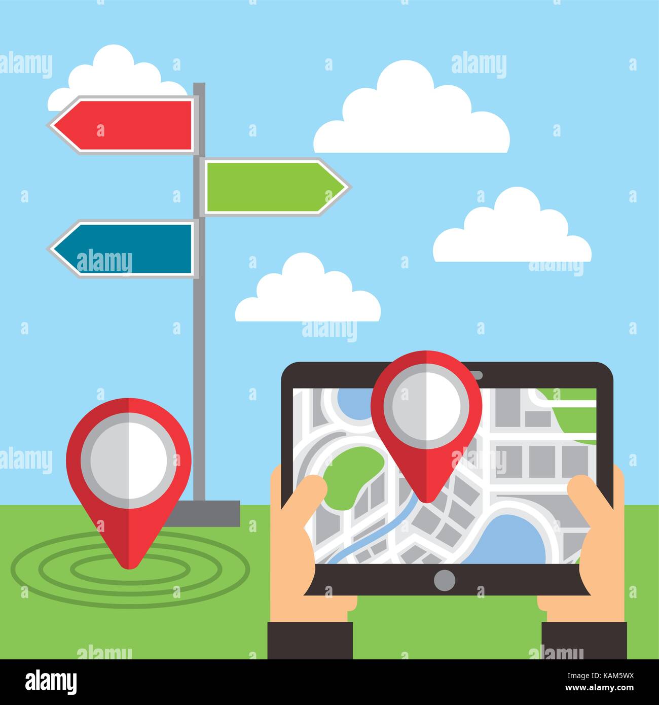 hand holding tablet with navigation app direction Stock Vector Image ...