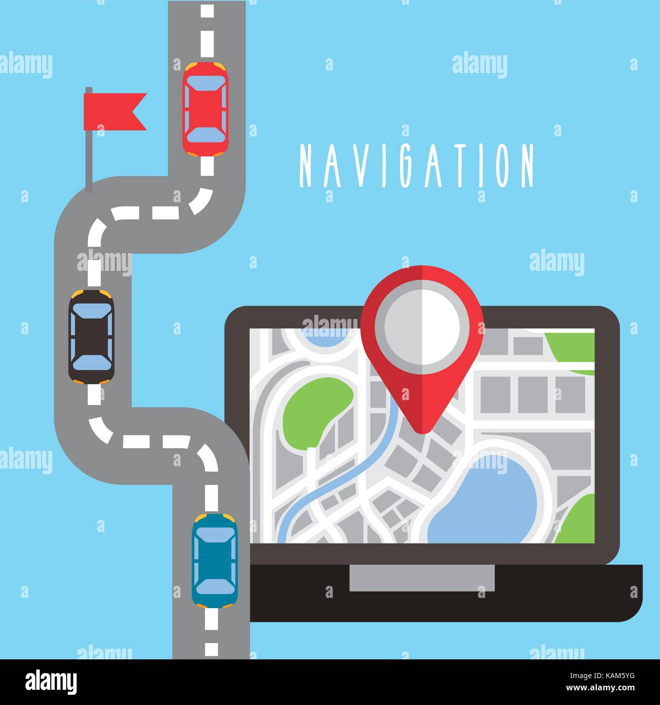 mobile navigation laptop screen with gps map on the road in city Stock ...