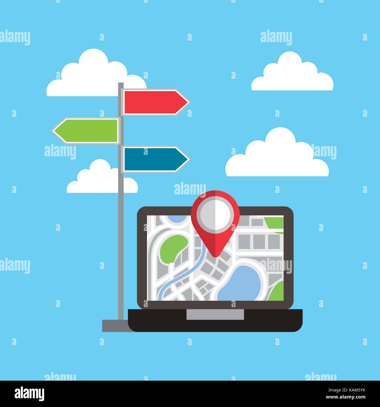 navigation laptop map screen pointer and signpost app Stock Vector ...