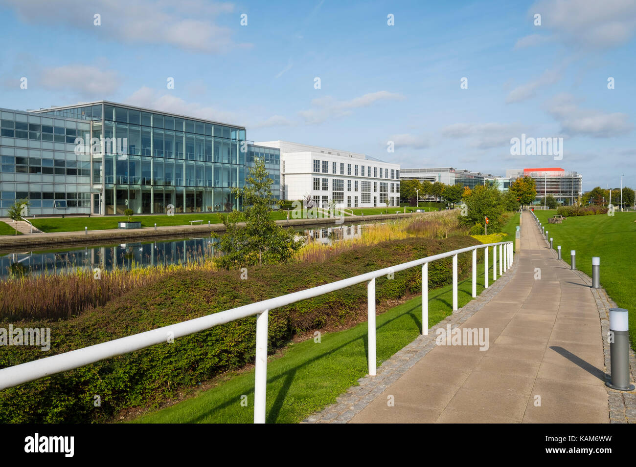View of landscaped park and modern office buildings at Edinburgh Park a ...