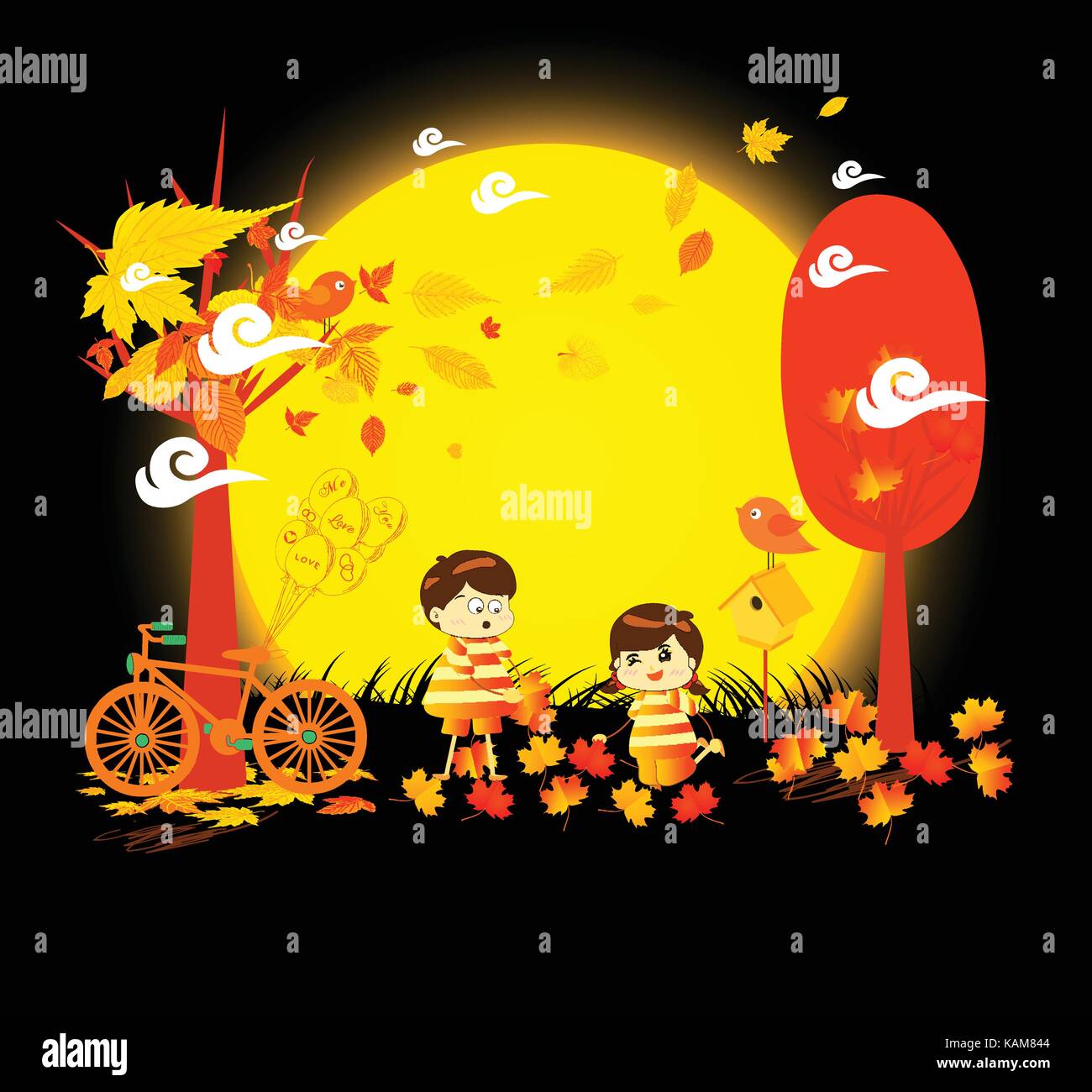 Hello autumn funny kids of a forest in autumn with leaves falling and ...