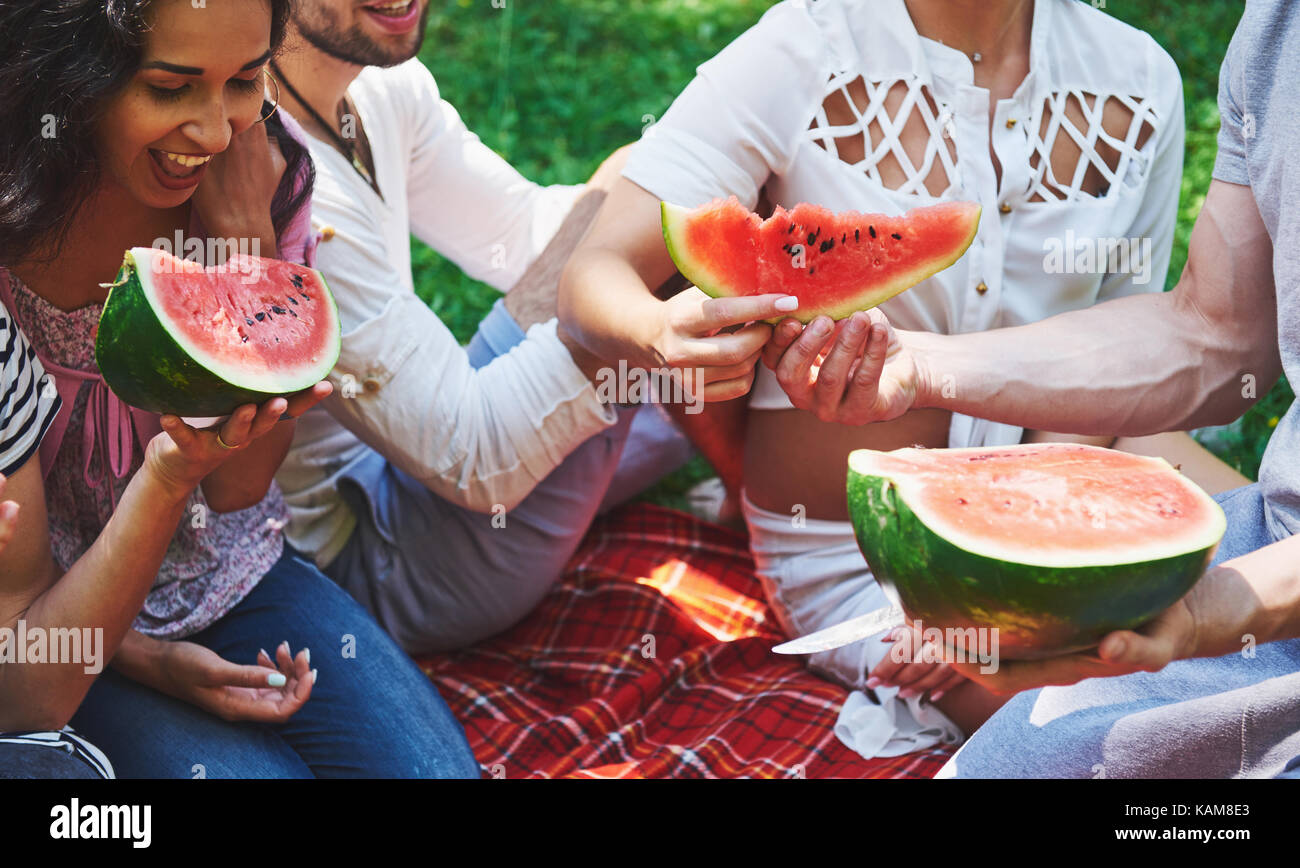 Cheerful friends enjoying watermelon on picnic on sunny summer day ...