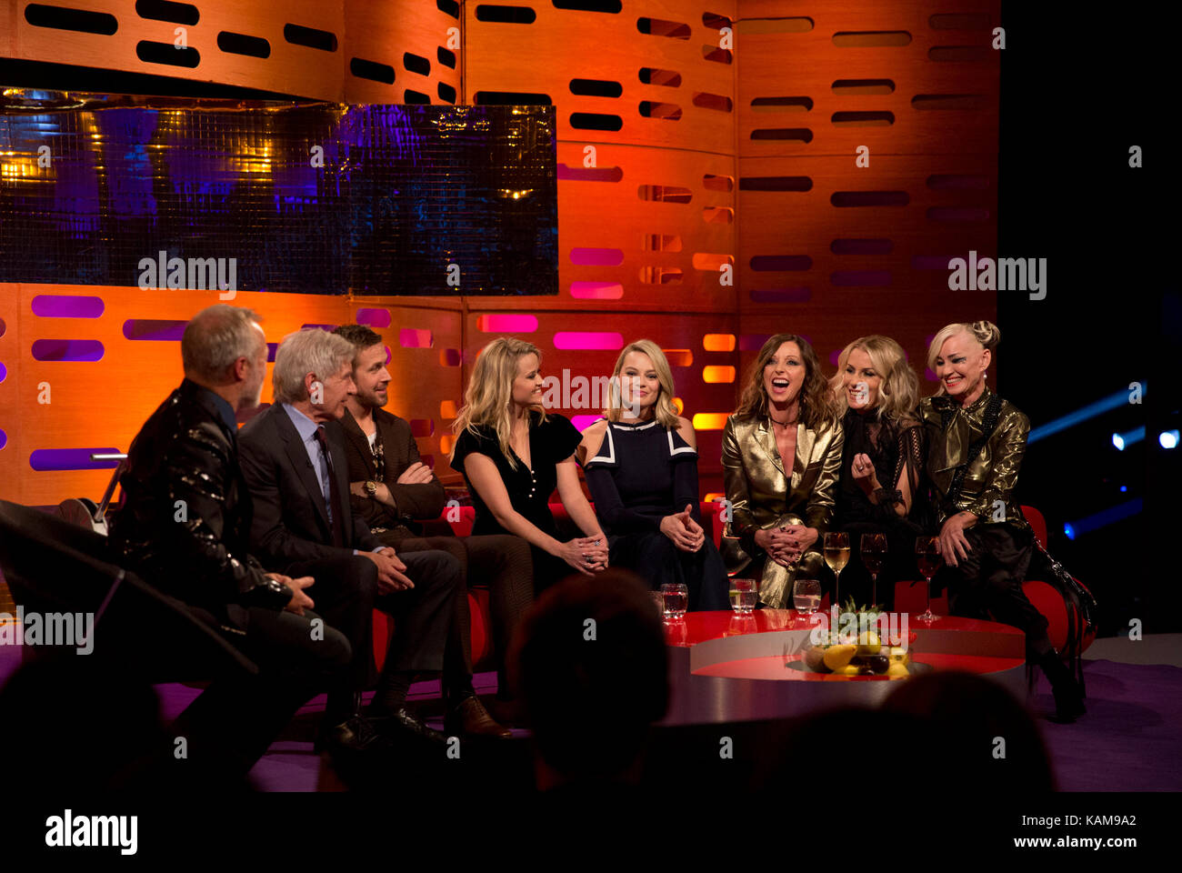 Host Graham Norton with (left to right) Harrison Ford, Ryan Gosling ...