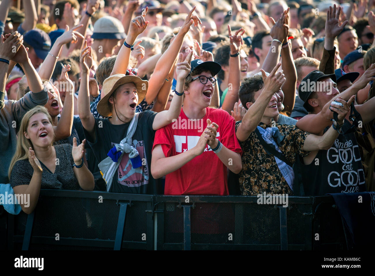 Amused music fans and festival goers attend a concert with the American ...