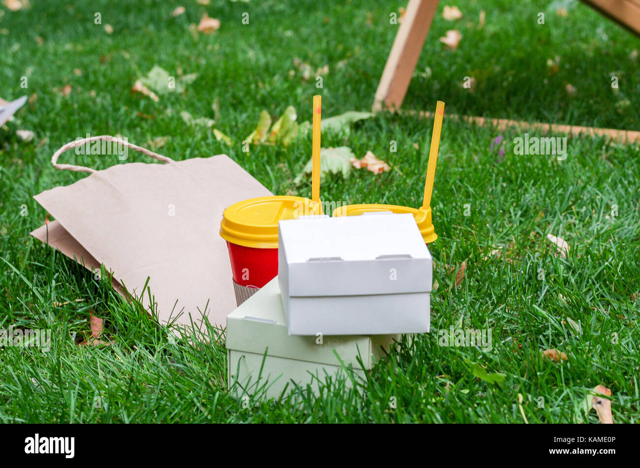 Eating in cardboard box and drink in cardboard cups. Street food Stock ...