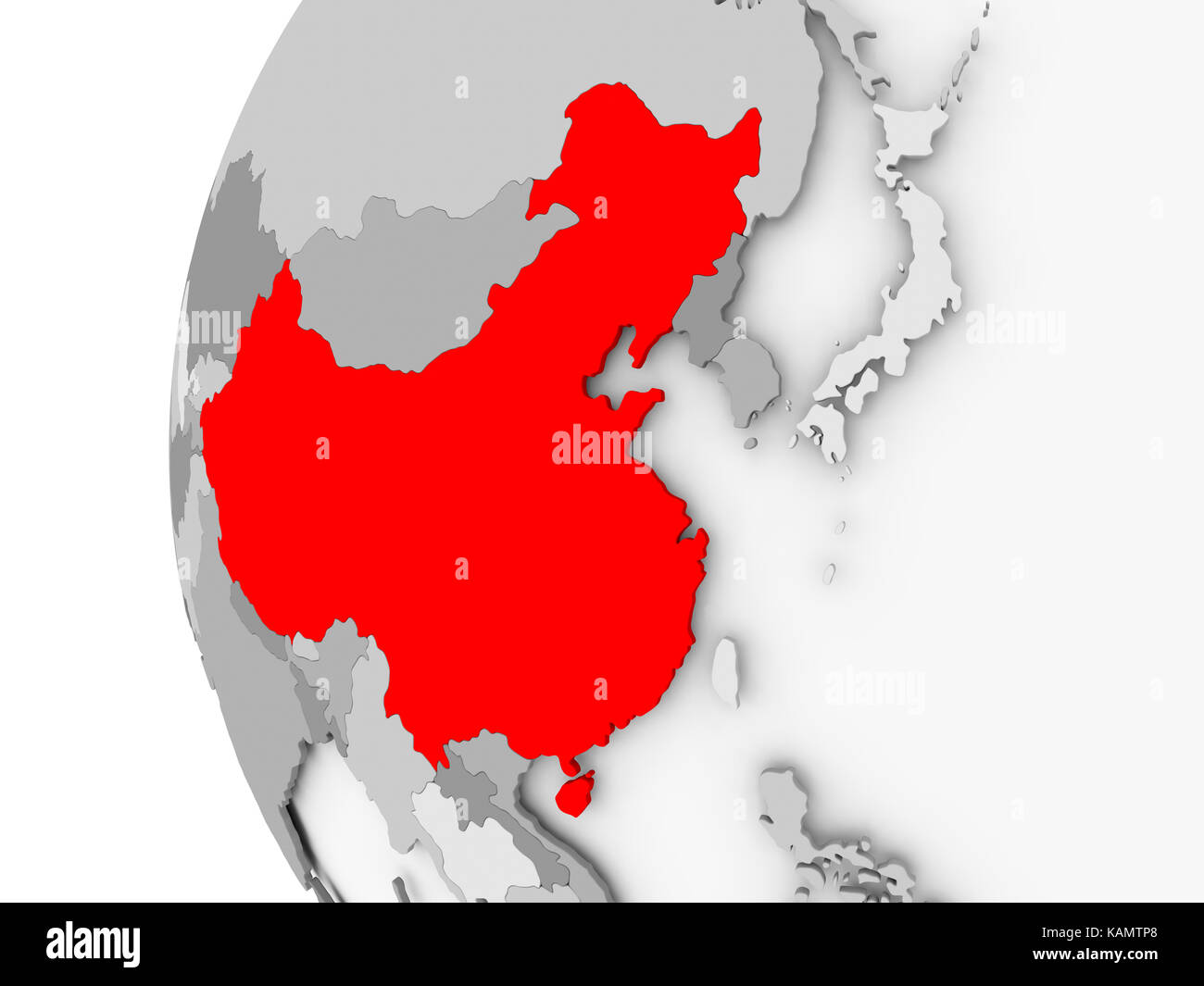 China highlighted on grey 3D model of political globe. 3D illustration ...