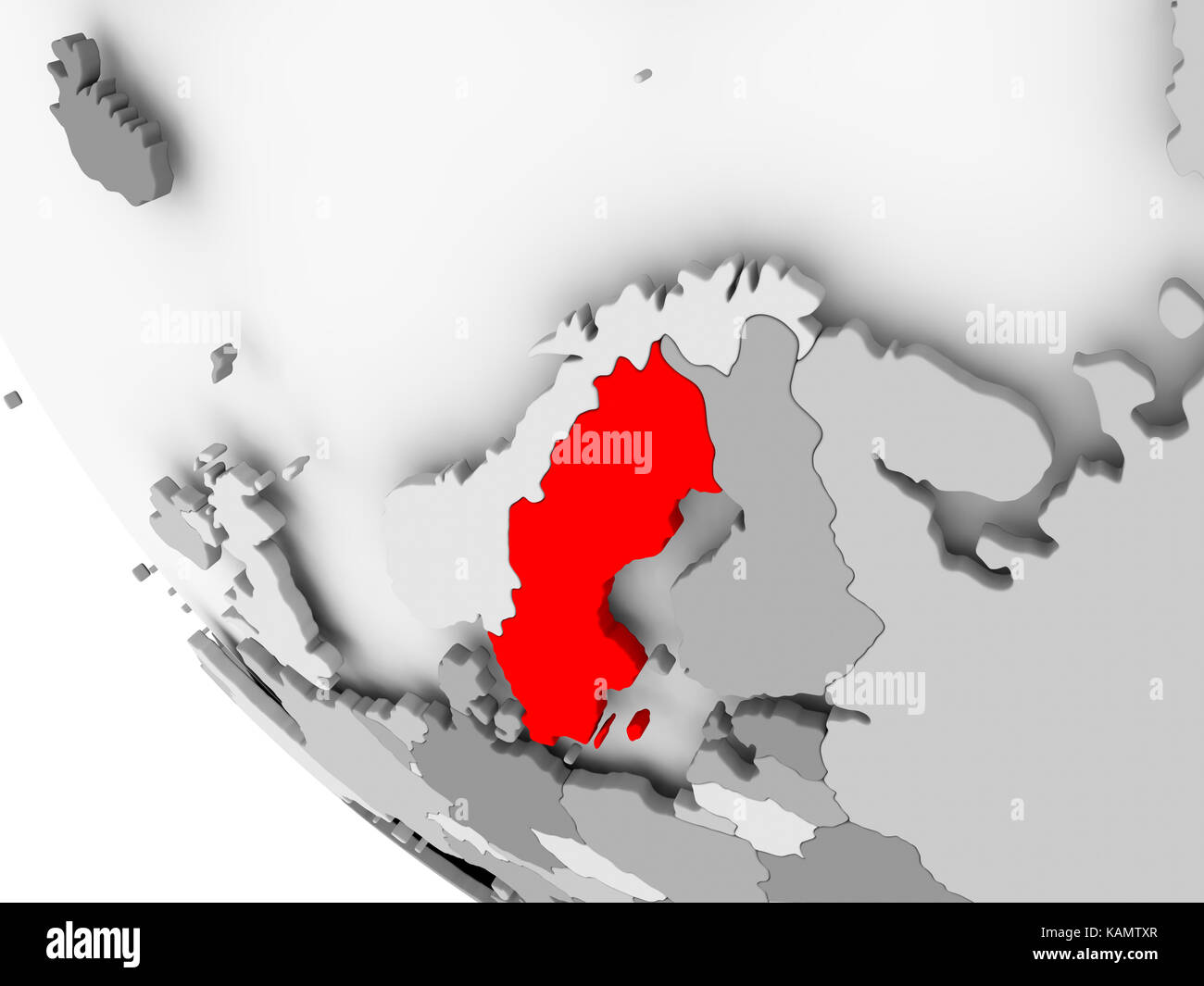 Sweden in red on simple grey political globe with visible country ...