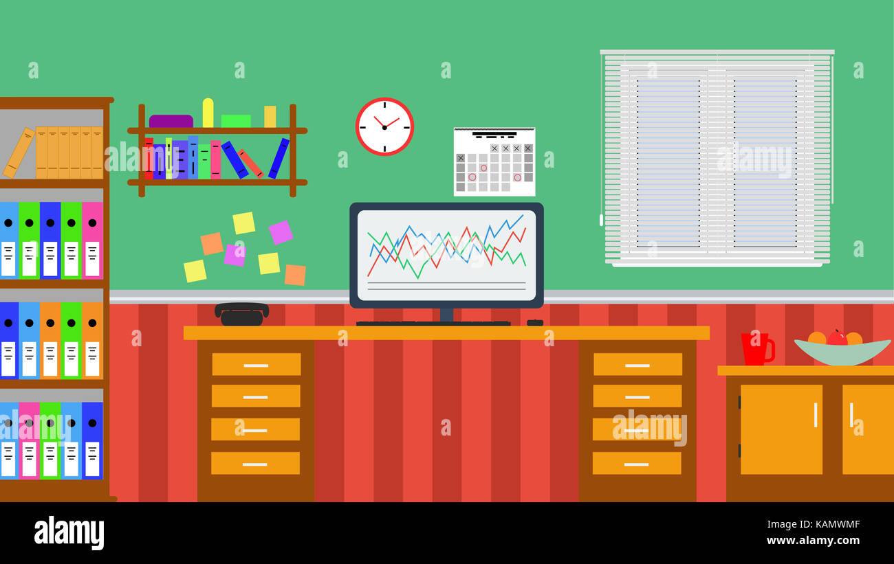 Flat design illustration of a home office with venetian blinds and a ...