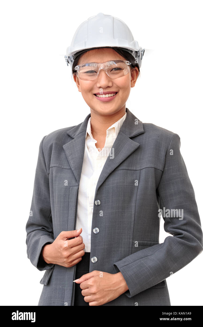 female engineer wearing white helmet standing on white Stock Photo - Alamy
