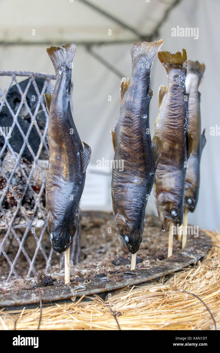 Roasted fish on a sticks around heating coal. Sales of fresh baked fish ...