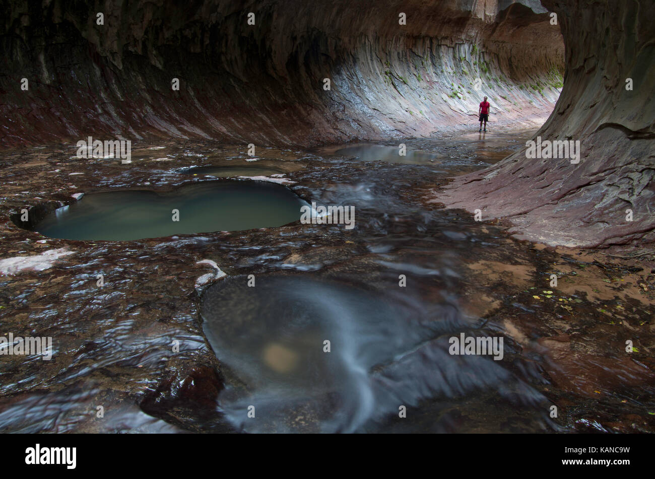 A man stands in the The Subway canyon of Zion National Park Utah Stock ...