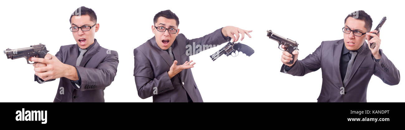 Funny businessman with gun on white Stock Photo - Alamy