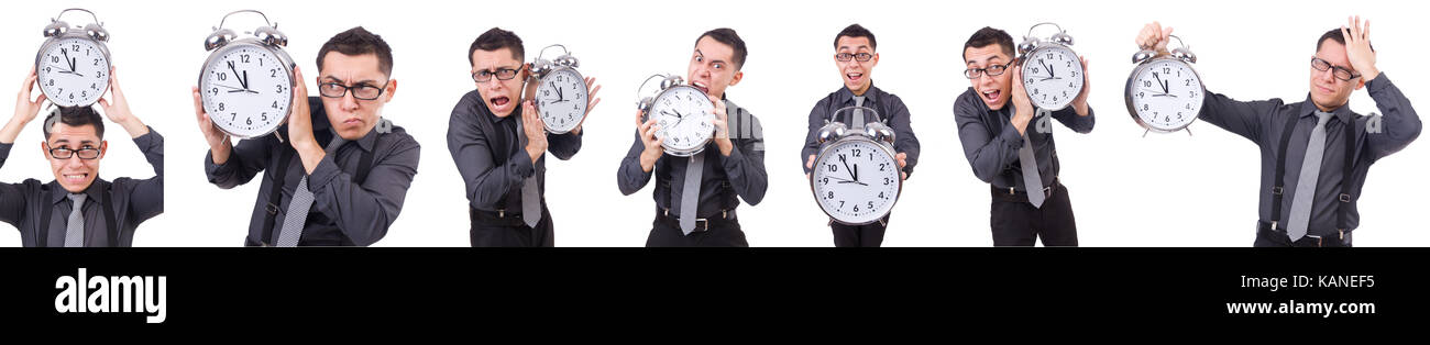 Funny businessman with clock isolated on white Stock Photo - Alamy