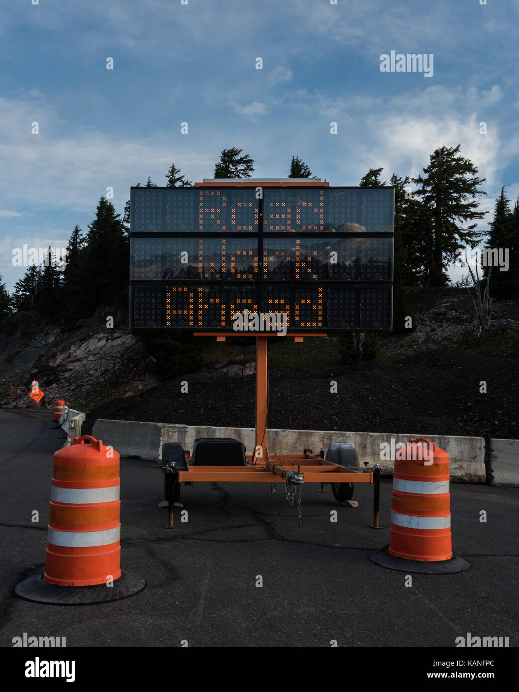 Road Work Ahead Trailer Sign during summer construction season Stock ...