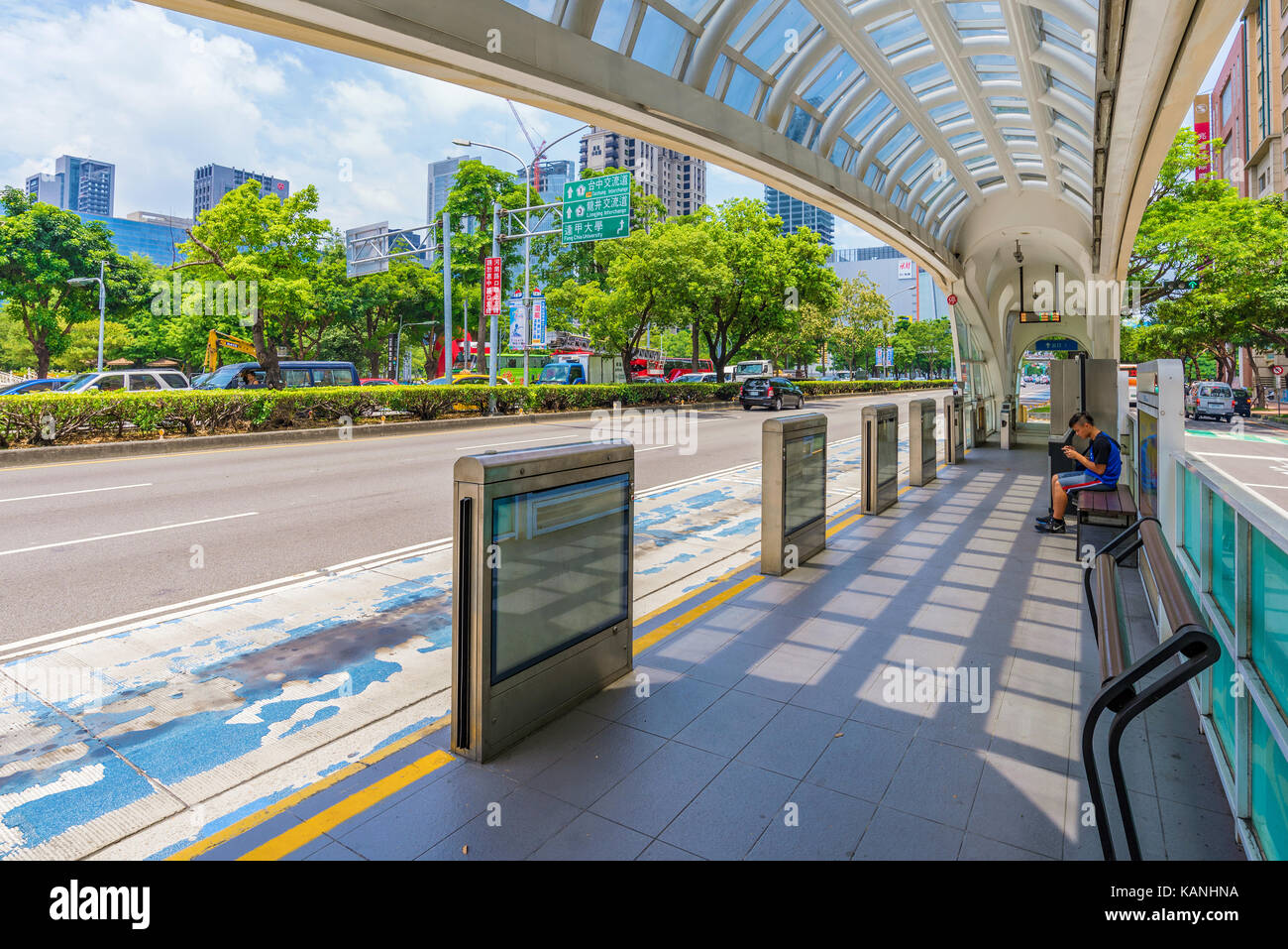 TAICHUNG, TAIWAN - JULY 18: This is a bus stop in the downtown area ...