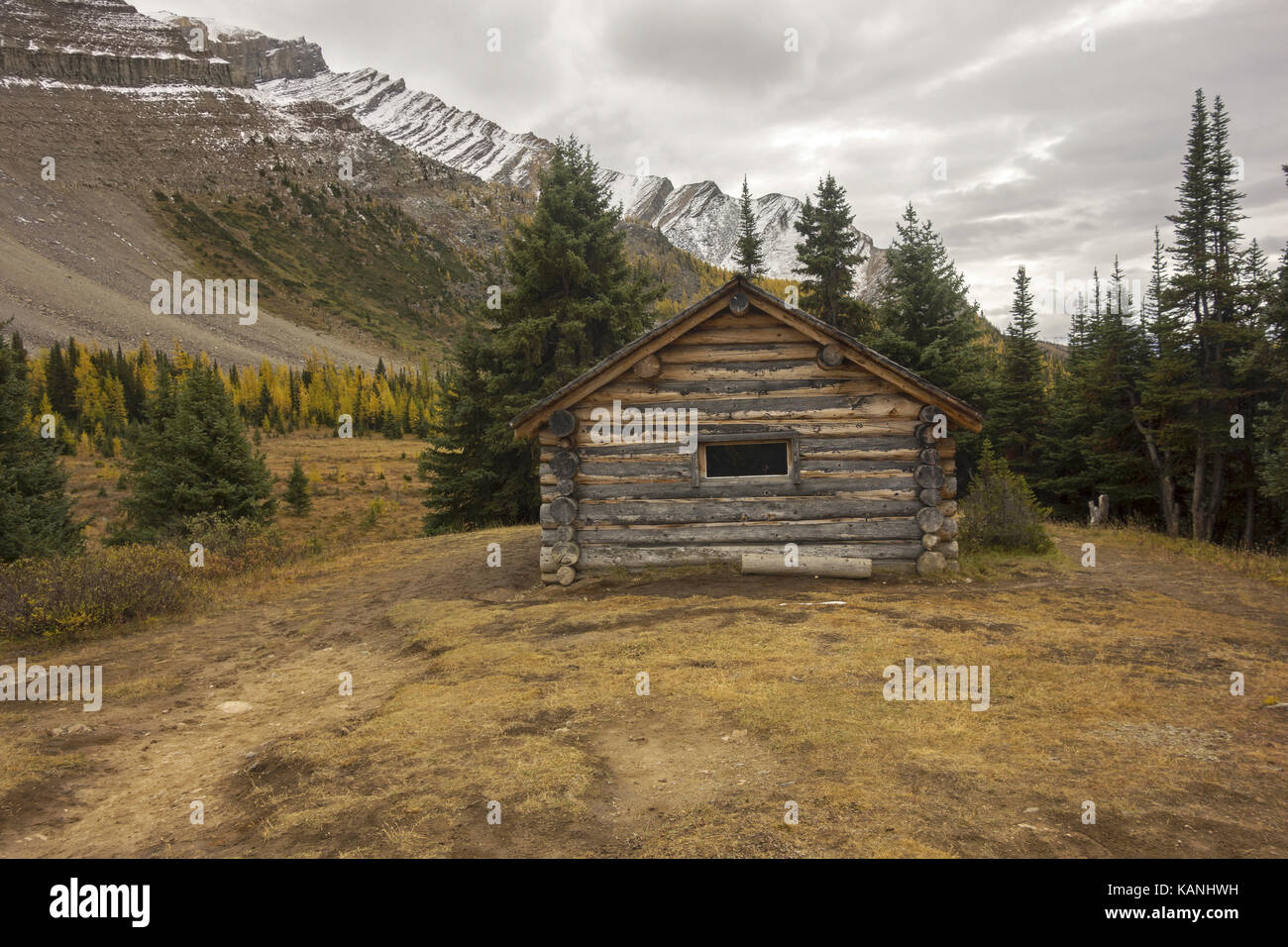 Halfway Hut vintage primitive rustic wooden log cabin exterior in Fall ...