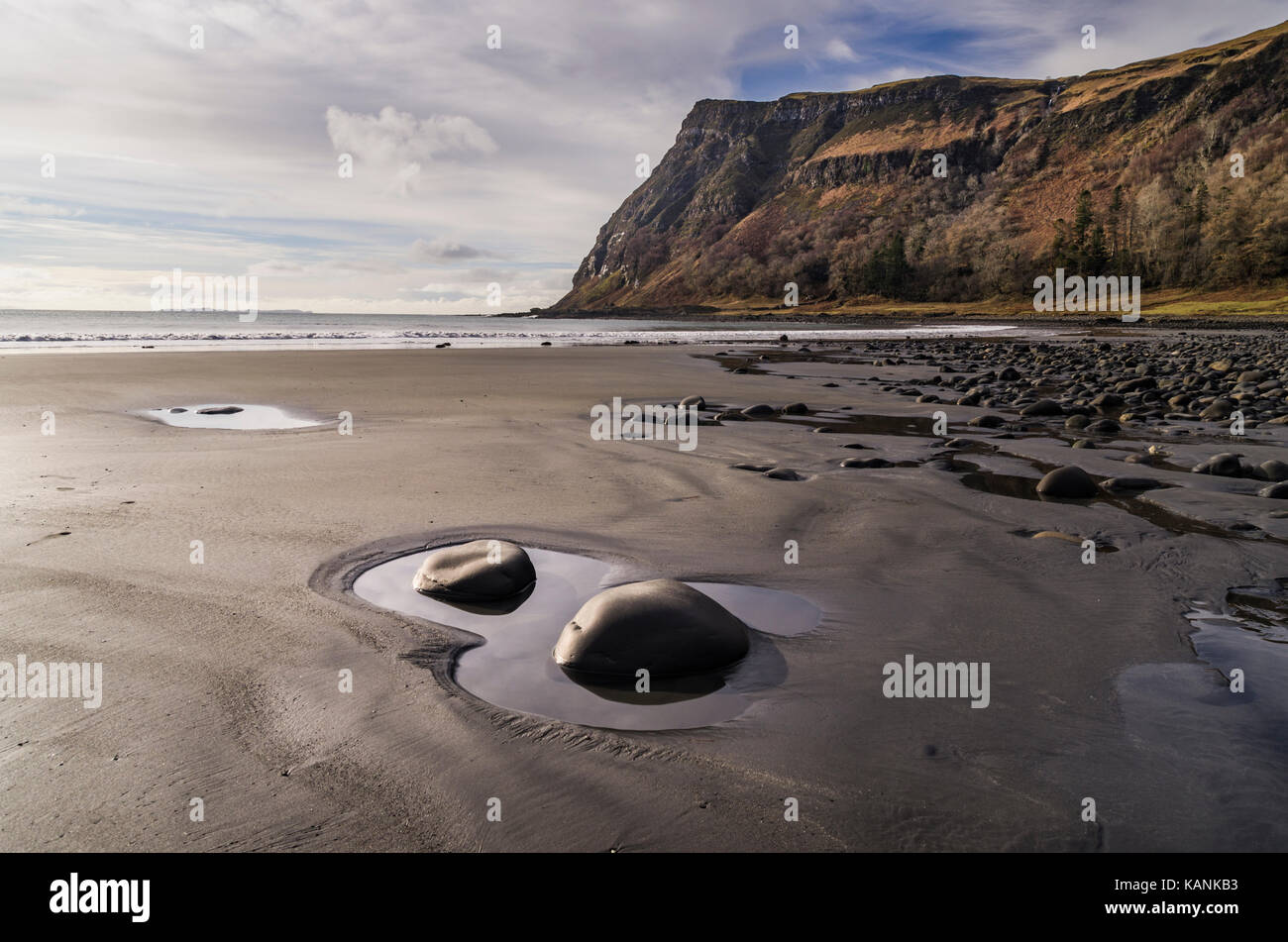 Landscape of Cliffs on Carsaig Bay with foreground sand and rocks on ...