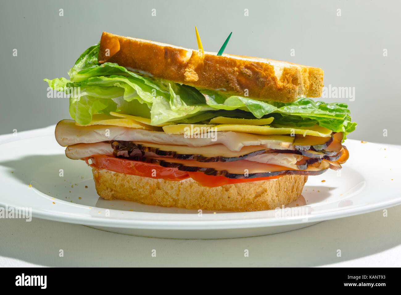 Close up of a sandwich on the side at eye level with no view of the top ...