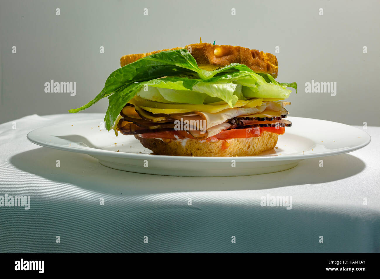 Close up of a sandwich on the side at eye level. Close up of a ...