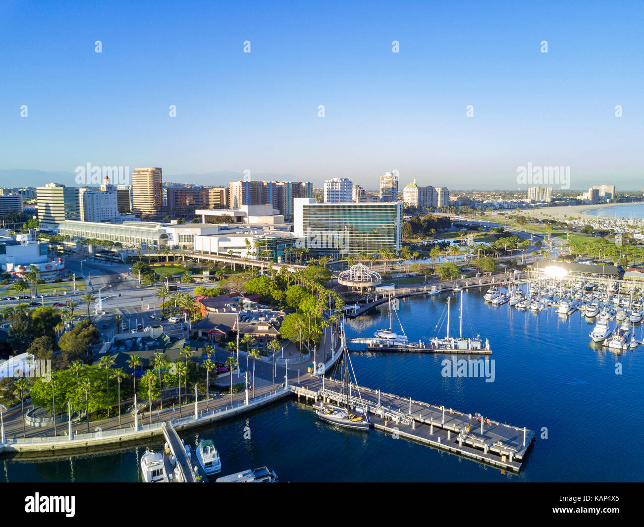 Beautiful aerial afternoon view around Rainbow Harbor, Long Beach ...