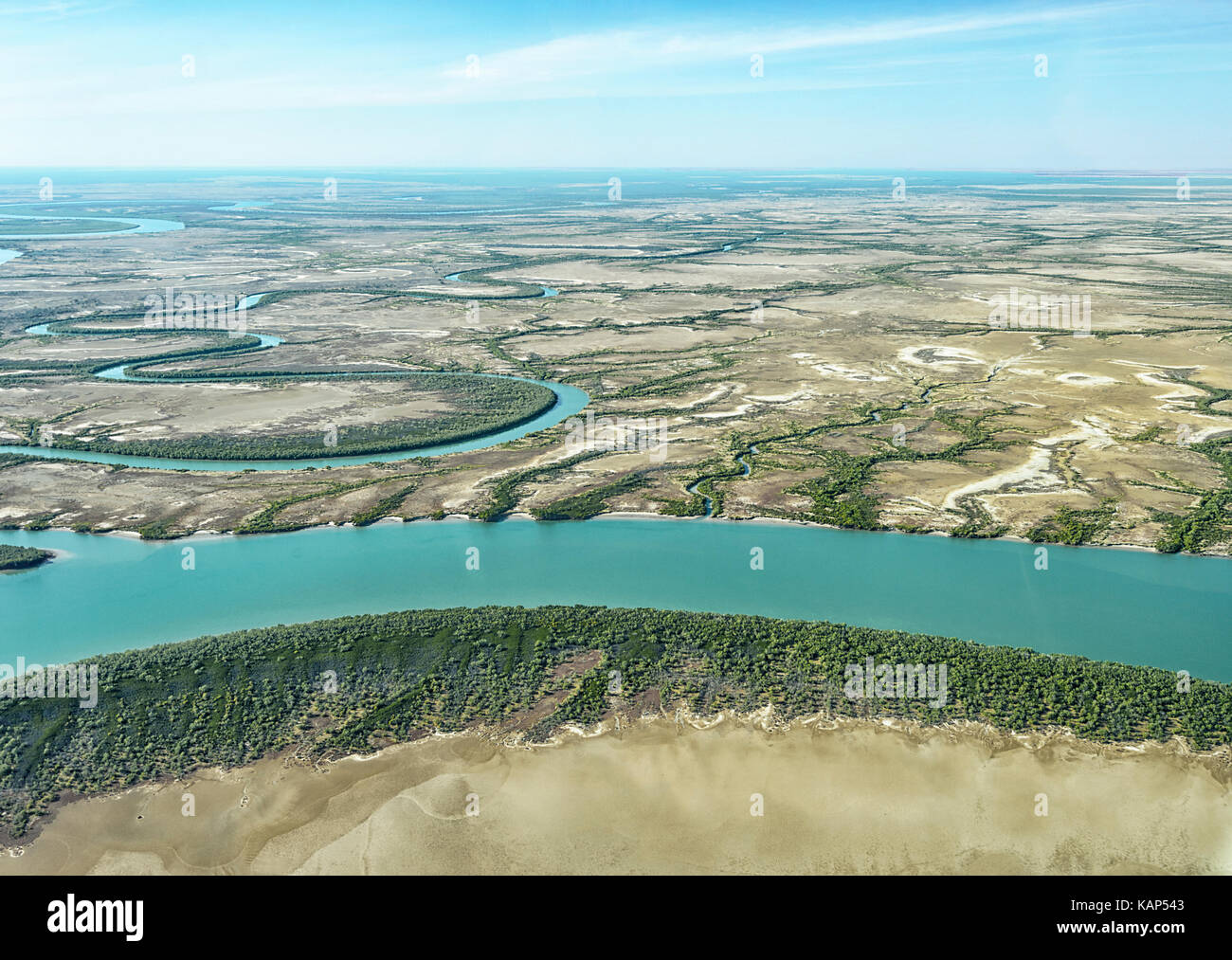 Aerial view of Albert River and surrounding salt flats during the dry ...