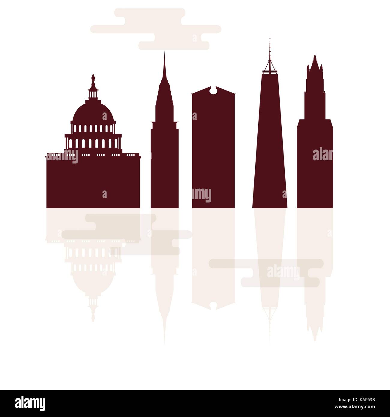 Silhouettes of famous buildings and modern buildings in the USA. Tall ...