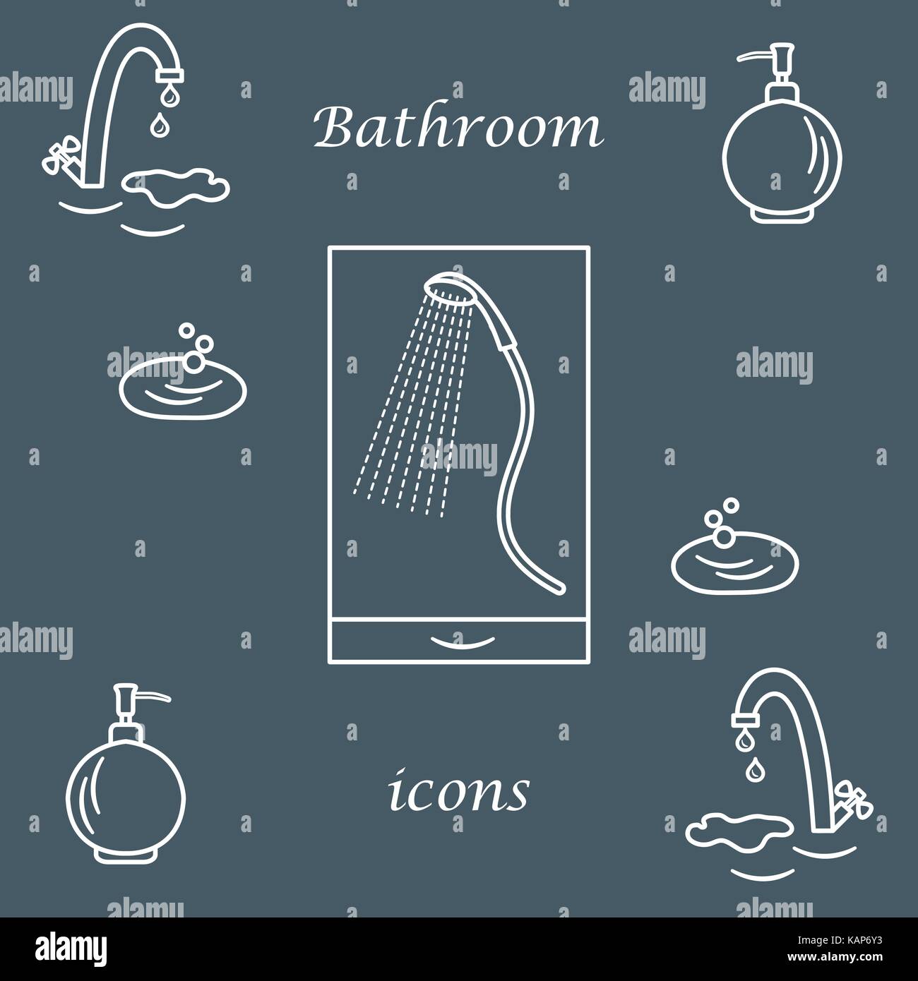 Set of vector illustrations of variety bathroom elements: faucet ...