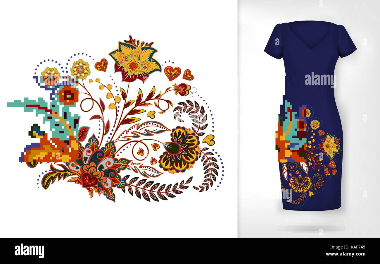 Embroidery colorful trend floral pattern. Vector traditional ornamental ...