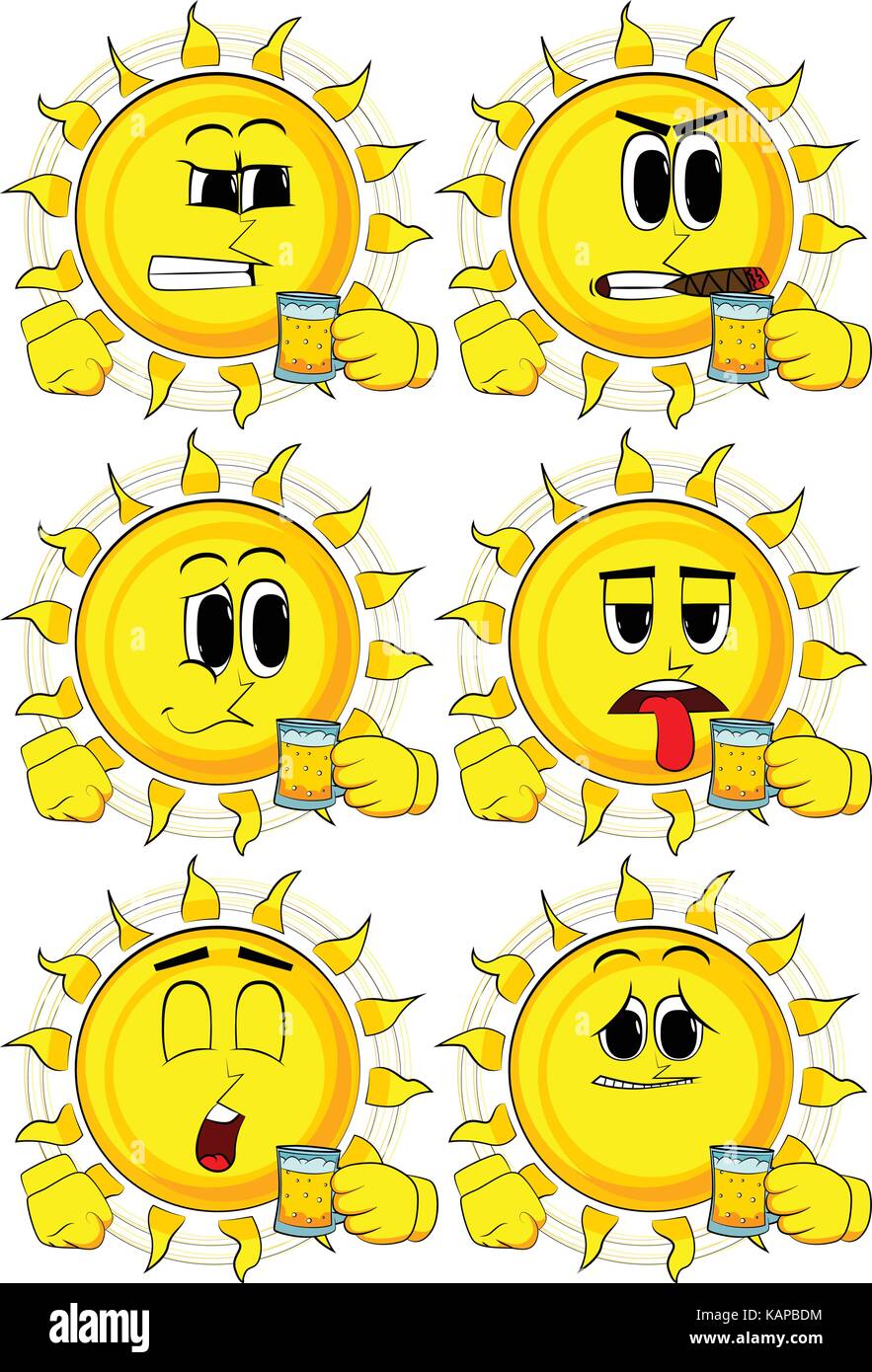 Cartoon sun drinking beer. Collection with sad faces. Expressions ...