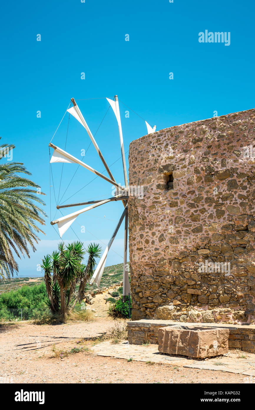 Old stone windmill near the monastery Toplou, Crete island in Greece ...