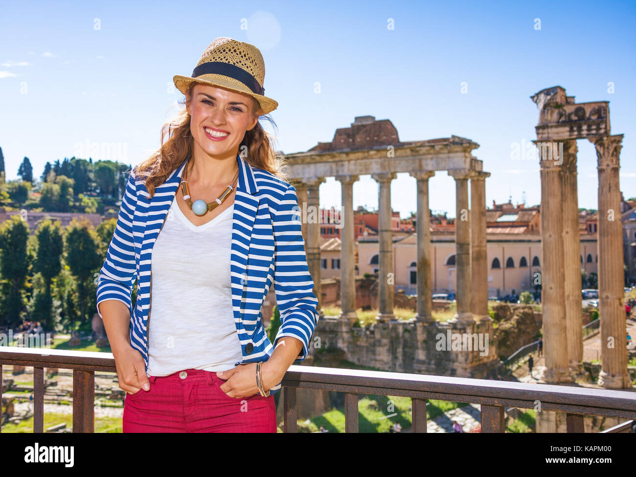 Roman Holiday. Portrait of smiling stylish tourist woman in the front ...