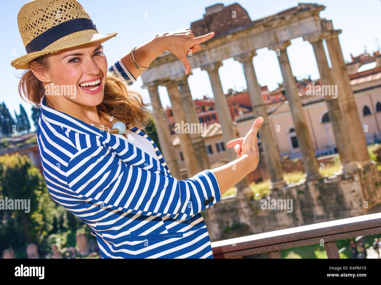 Roman Holiday. smiling modern woman in Rome, Italy framing with hands ...