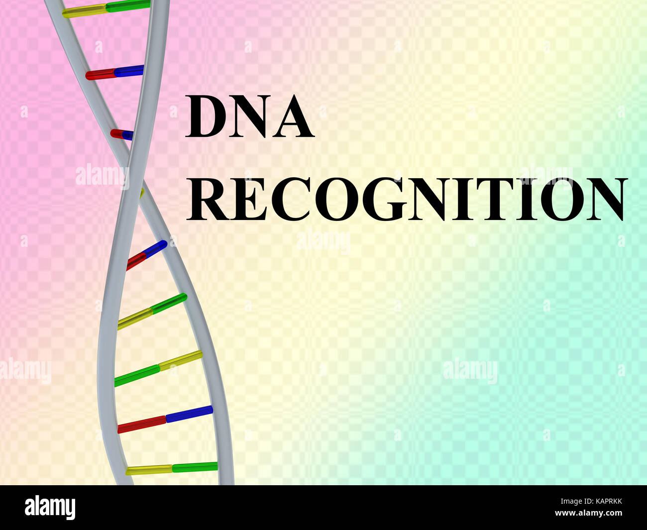 3D illustration of "DNA RECOGNITION" script with DNA double helix ...