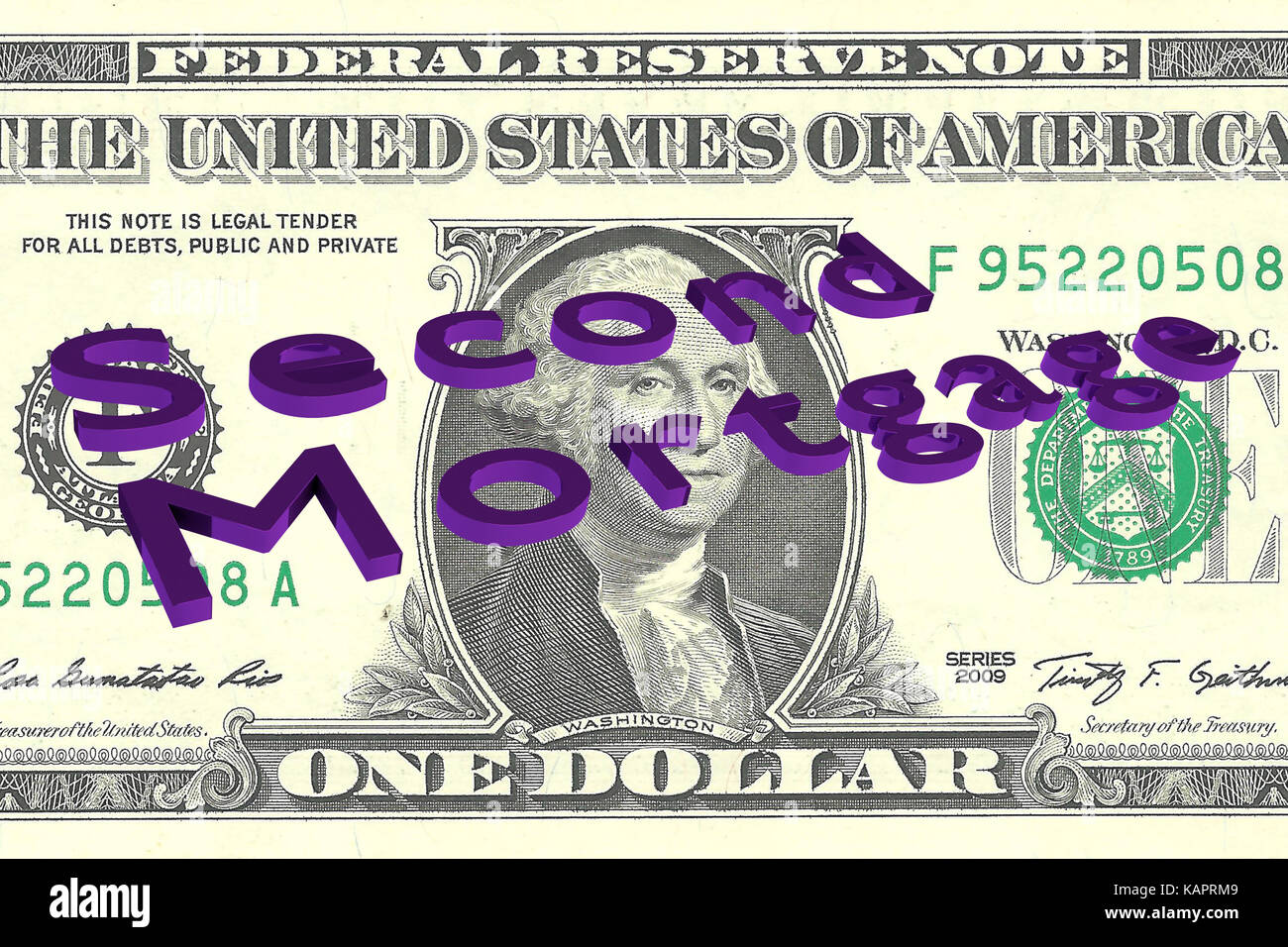3D illustration of "Second Mortgage" title on One Dollar bill as a ...