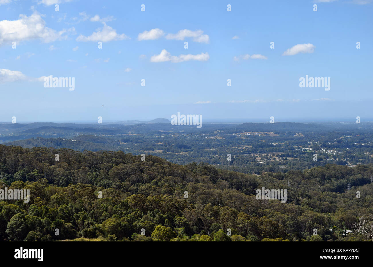 Australian panorama of beautiful countryside with forested hills in ...