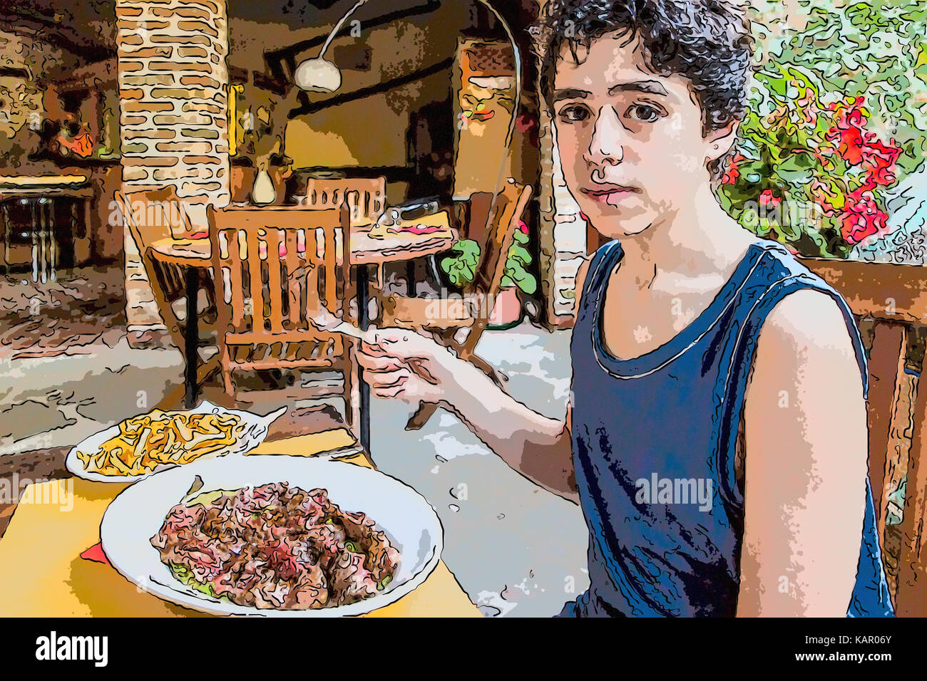 cut meat and chips for a caucasian teenager, puzzled in an outdoor ...