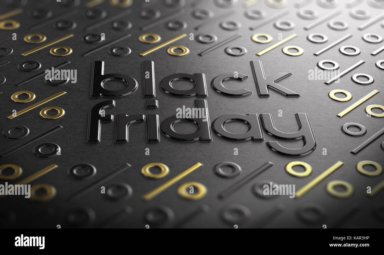 Text Black Friday embossed on paper texture with golden percent symbols ...
