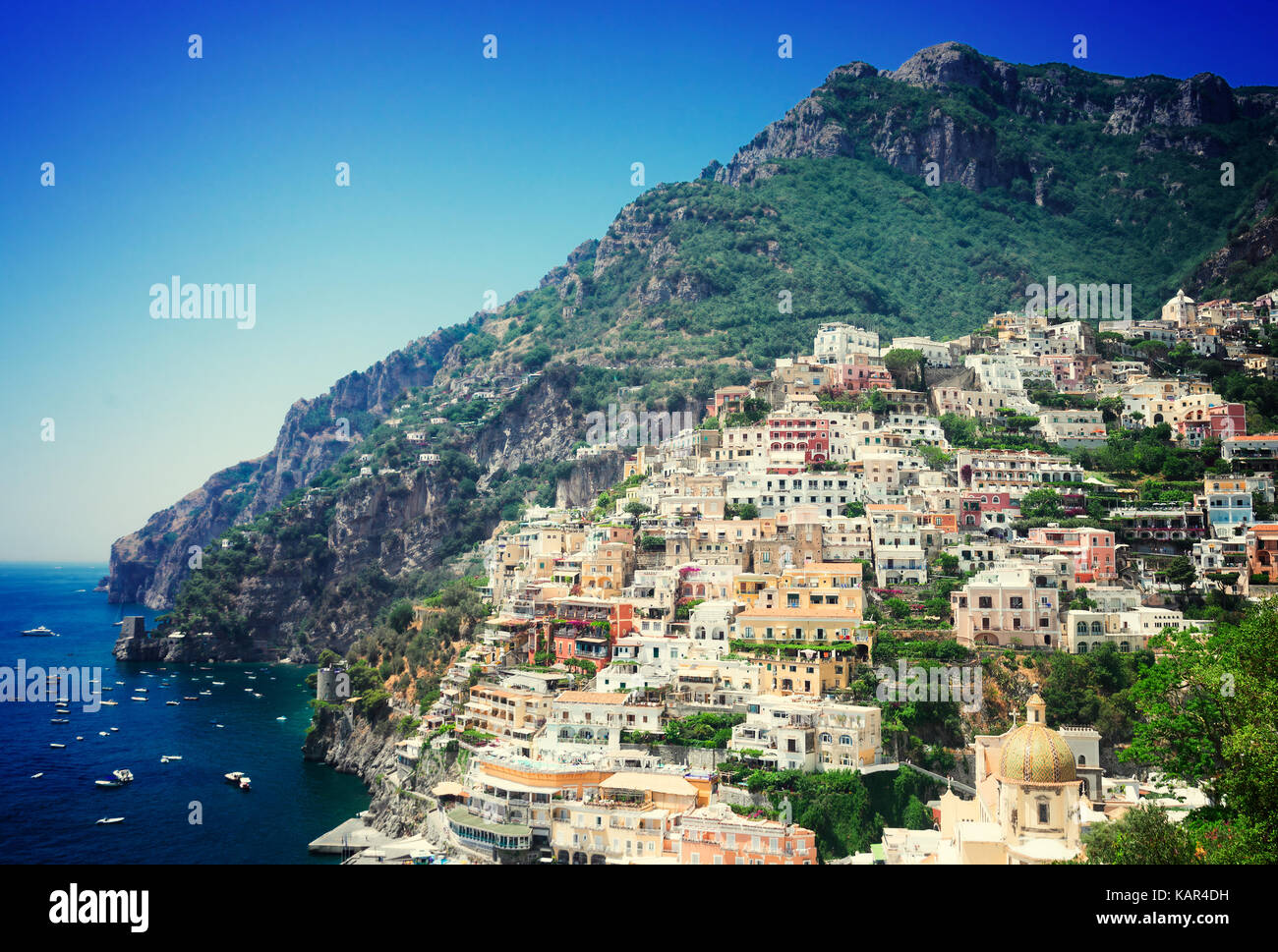 view of Positano - old italian resort, Italy, retro toned Stock Photo ...