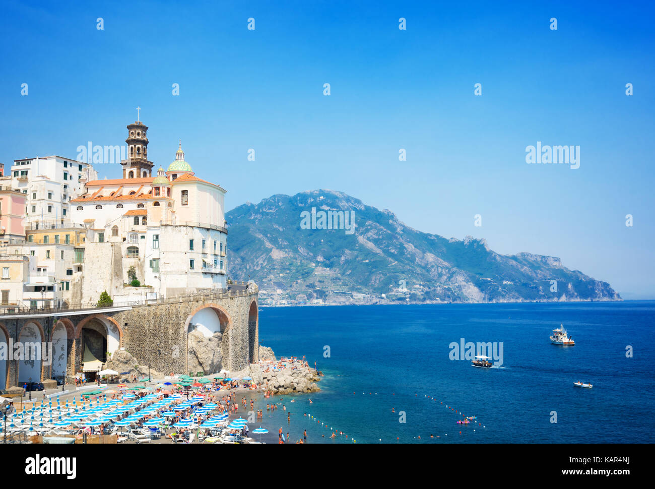 summer Atrani beach with sea water, Italy, retro toned Stock Photo - Alamy