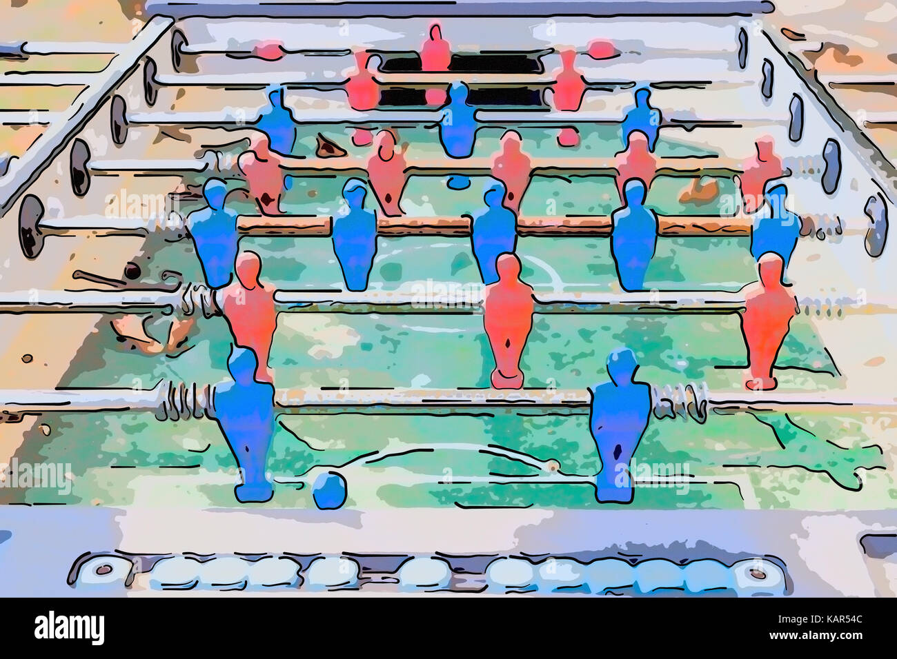 details of red and blue table football dummy players, dirty and rusty ...