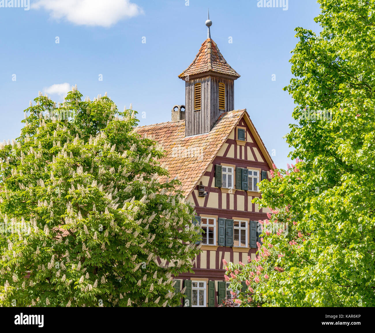 detail of a historic half-timbered house with small bell tower ...